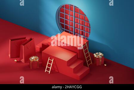 Empty stage with blue Chinese style background, 3d rendering. Computer ...
