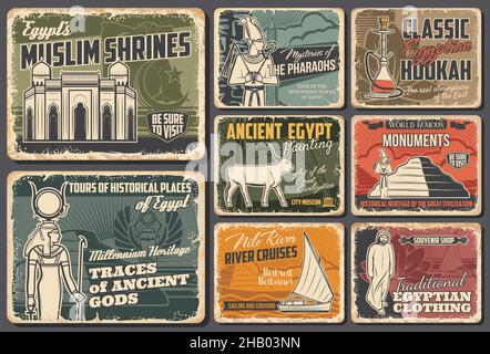 Ancient Egypt travel retro posters, pharaoh and pyramids landmarks ...