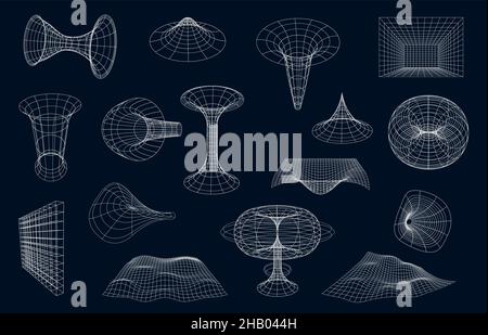 Wireframe forms set. Geometric surface grid of different shape. Distorted perspective planes and ...