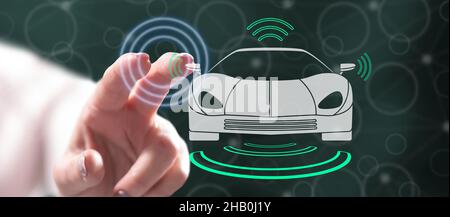 Woman touching a smart car concept on a touch screen with her finger ...