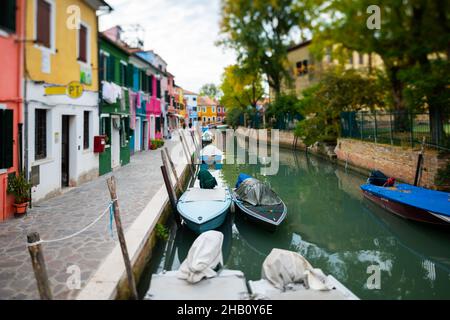 Burano, Italy - October 25, 2021: Colorful houses in Burano on a sunny ...