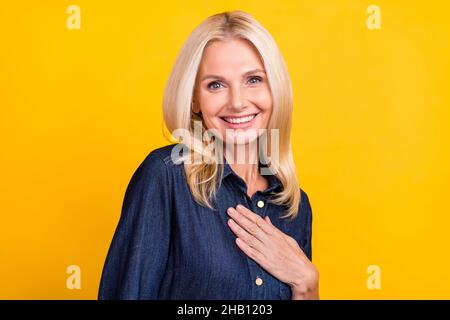 Photo of shiny funny girl dressed yellow t-shirt arm eyewear smiling ...