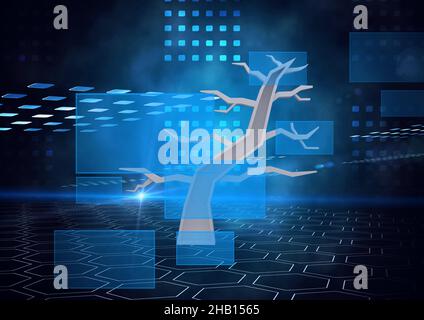 Abstract illustration of multiple square shapes against red background ...