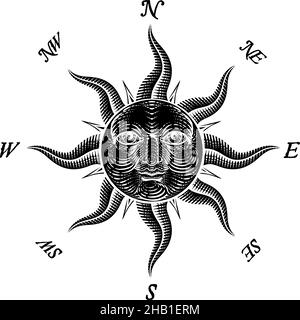 Compass Sun Face Etching Rose Woodcut Drawing Stock Vector Image & Art ...