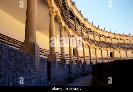 Detail of the seating and architecture inside the bullring in Ronda ...