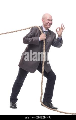 business man pulls a rope. isolated on a white Stock Photo - Alamy