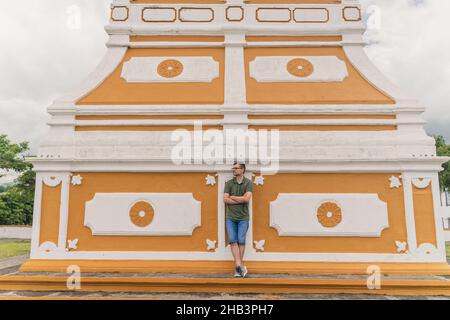 Female at the obelisk from the Alto da Memoria, Azores, Portugal Stock ...