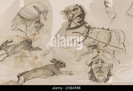 Hare, a horse in gallop and men's heads.Leaf 64 verso from a sketchbook ...