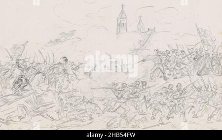 Attack by French cavalrymen on German soldiers, 1872 drawing A church ...