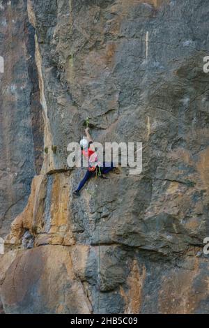 Young woman practices rock climbing in Chulilla. Valencia. December ...