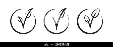 green vegan v vegetarian leaf tick check mark logo symbol icon in ...