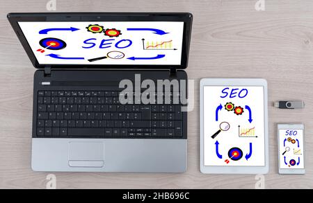 Seo concept shown on different information technology devices Stock ...
