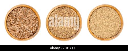 Crushed flax seeds in the wooden bowl - Linum usitatissimum Stock Photo ...