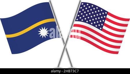 Nauru and United States Flags Crossed And Waving Flat Style. Official ...