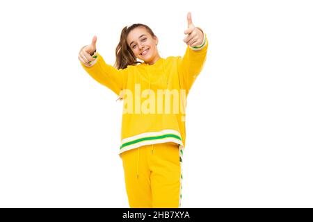 Photo of girlish funny pretty girl with bob hairdo dressed striped t ...