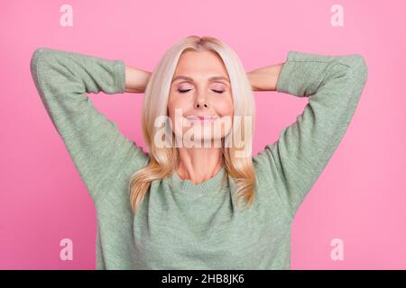 Photo of charming girl closed eyes hands fingers meditate isolated on ...