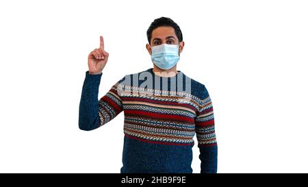 Caucasian man using sterile face mask isolated on white background ...