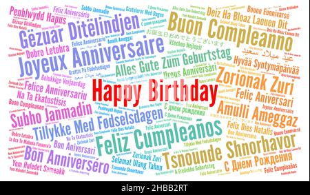 Happy Birthday in different languages word cloud Stock Photo - Alamy