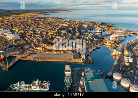 Aerial view of Peterhead old town and fishing harbour in Aberdeenshire ...