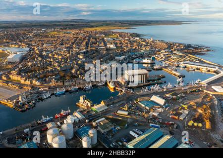 Aerial view of Peterhead old town and fishing harbour in Aberdeenshire ...