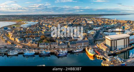 Aerial view of Peterhead old town and fishing harbour in Aberdeenshire ...