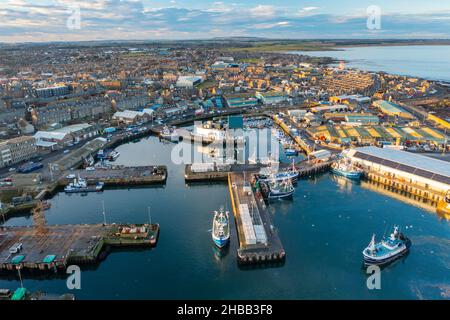 Aerial view of Peterhead old town and fishing harbour in Aberdeenshire ...
