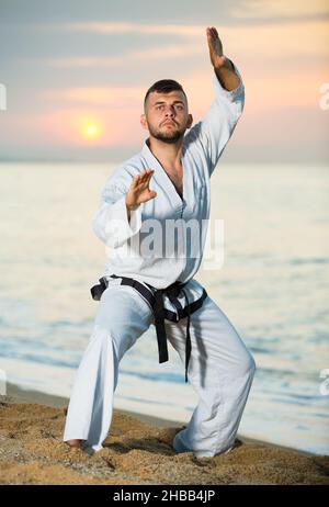 Smiling male doing karate at ocean quay outdoor Stock Photo - Alamy