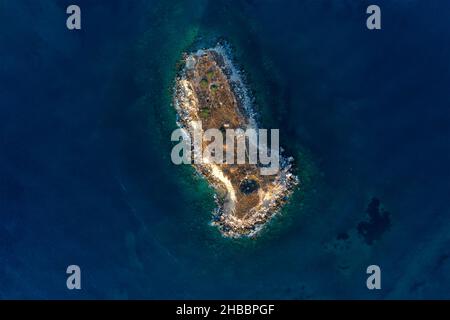 Overhead view of Yeronisos, or Holy Island on the west coast of Cyprus ...