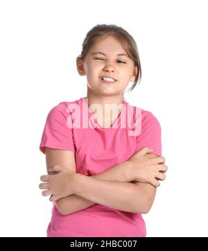 Little girl scratching herself on white background Stock Photo - Alamy