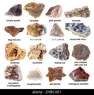 set of various brown unpolished rocks with names ( almandine ...