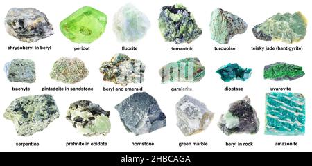 various raw rocks with names isolated on white background Stock Photo ...