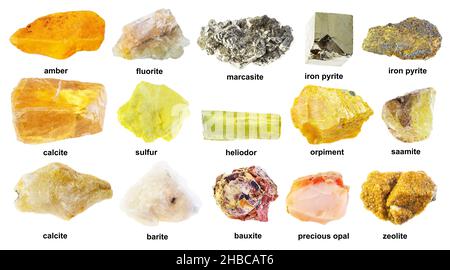 set of various unpolished rocks with names (calcite, asbestos, aplite ...
