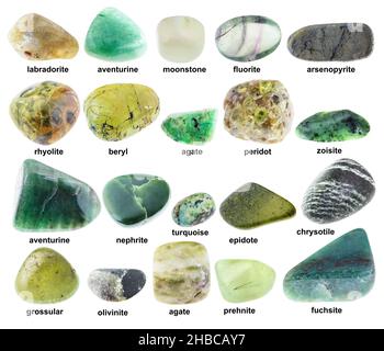 various polished minerals with names isolated on white background Stock ...