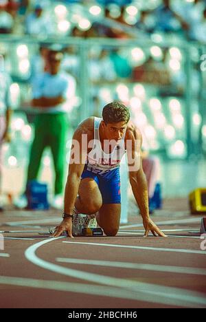 Rob Muzzio (USA) at the start of the Decathlon 100m at the 1992 Olympic ...