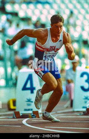 Rob Muzzio (USA) at the start of the Decathlon 100m at the 1992 Olympic ...
