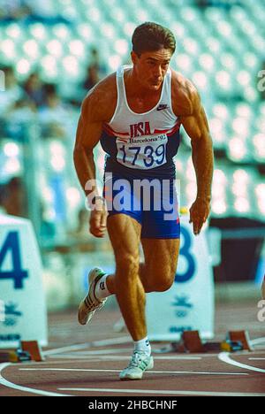 Rob Muzzio (USA) at the start of the Decathlon 100m at the 1992 Olympic ...