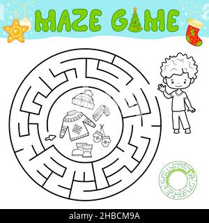 Christmas black and white maze puzzle game for children. Outline circle ...