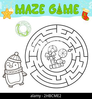Christmas black and white maze puzzle game for children. Outline circle ...