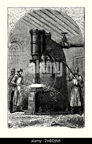 An engraving of an old Victorian metal foundry. Shown right are the ...