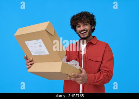 happy man opening parcel box at home Stock Photo - Alamy