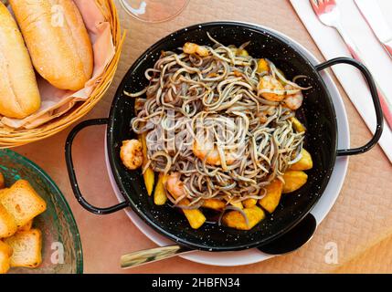 Traditional Spanish dish Gulas y Gambas - Surimi Elvers and prawns ...
