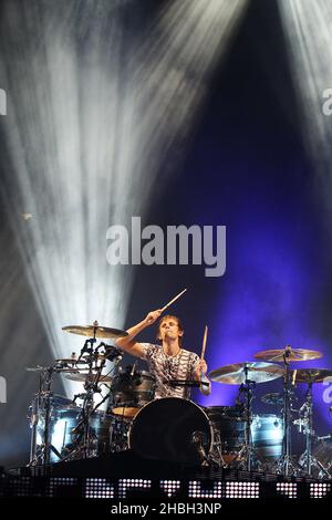 Dominic Howard of Muse performs on stage at the 02 Arena in London ...