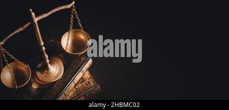 Weight scale and gavel, law banner with copy space. Legal and justice ...