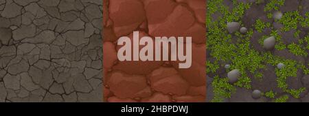 Ground texture with stones, soil top view in cartoon style seamless ...