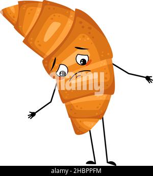 Cute croissant character with sad emotions, face and mask keep distance ...