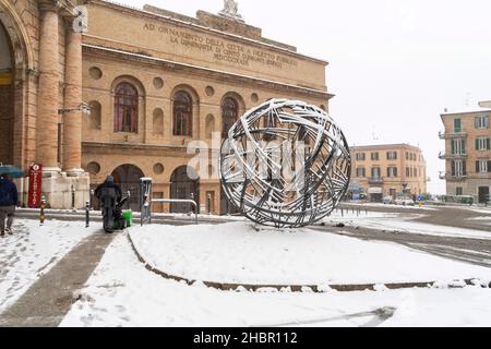 Winter snowing in historical center of Macerata, Piazza Garibaldi ...