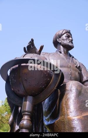 A bronze statue in a park of Mirzo Ulugbek, a great leader from ...