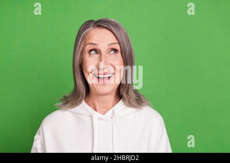 Photo of dreamy excited girl dressed green t-shirt dark eyewear open ...