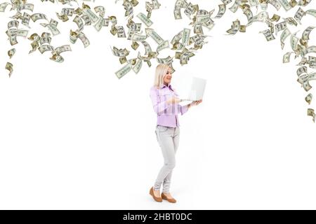 pretty woman throwing dollar bills, isolated on white background Stock ...