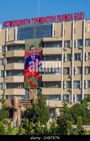 KHUJAND, TAJIKISTAN - MAY 5, 2018: President Emomali Rahmon poster on a ...